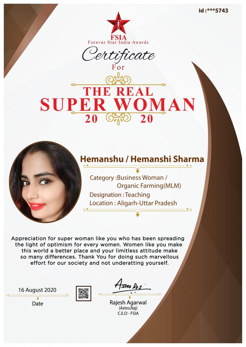 Hemanshu / hemanshi : Awardee The Real Super Women Awards 2020 by FSIA